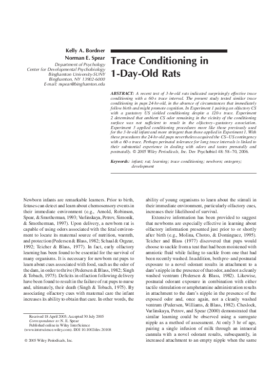 (PDF) Trace conditioning in 1-day-old rats