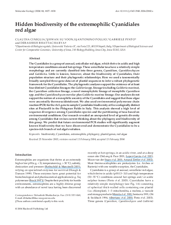 (PDF) Hidden biodiversity of the extremophilic Cyanidiales red algae