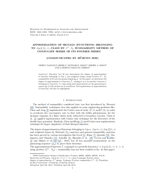 Pdf Approximation Of Signals Functions Belonging To Lip Xi T R Class By C {1