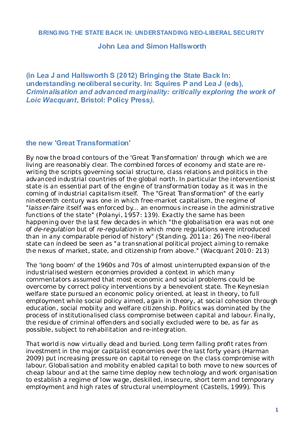 (DOC) Bringing the state back in: understanding neoliberal security (2012)
