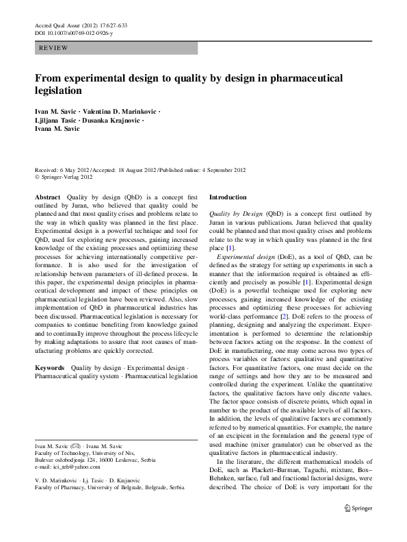 (PDF) From experimental design to quality by design in pharmaceutical ...