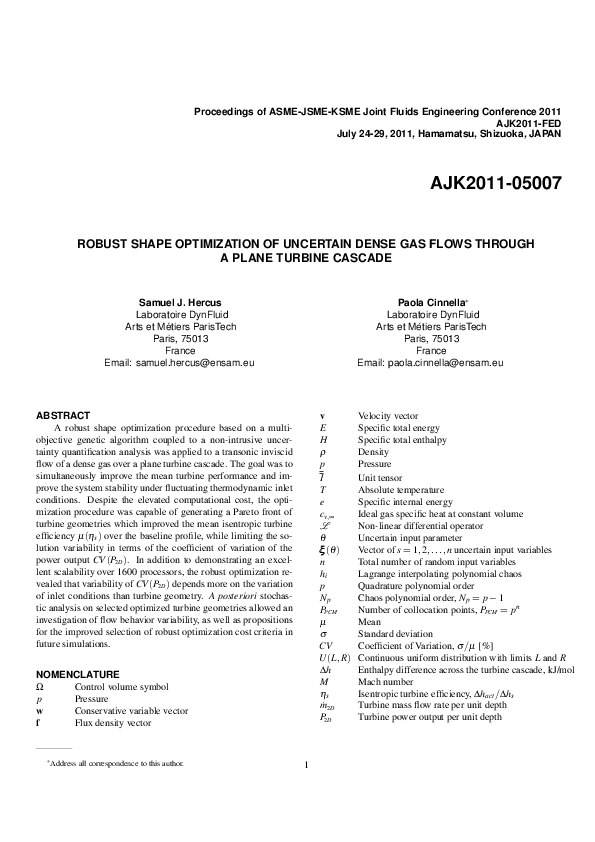 (PDF) Robust Shape Optimization of Uncertain Dense Gas Flows Through a Plane Turbine Cascade ...