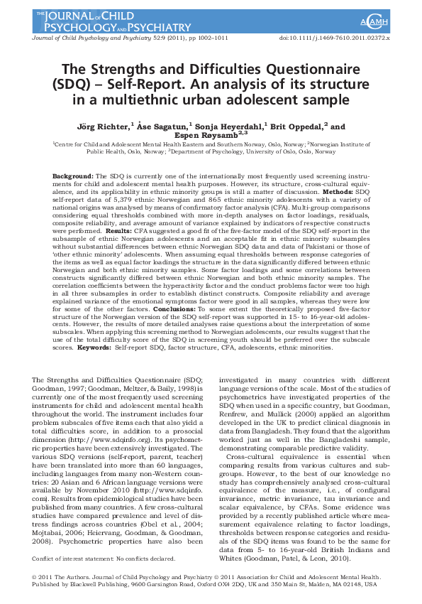 (PDF) The Strengths and Difficulties Questionnaire (SDQ) Self‐Report ...