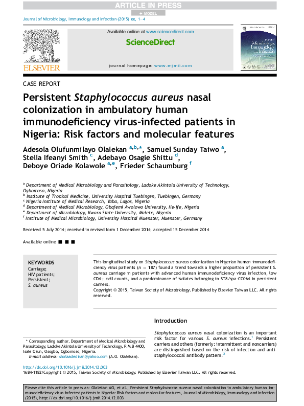 Pdf Persistent Staphylococcus Aureus Nasal Colonization In Ambulatory Human Immunodeficiency