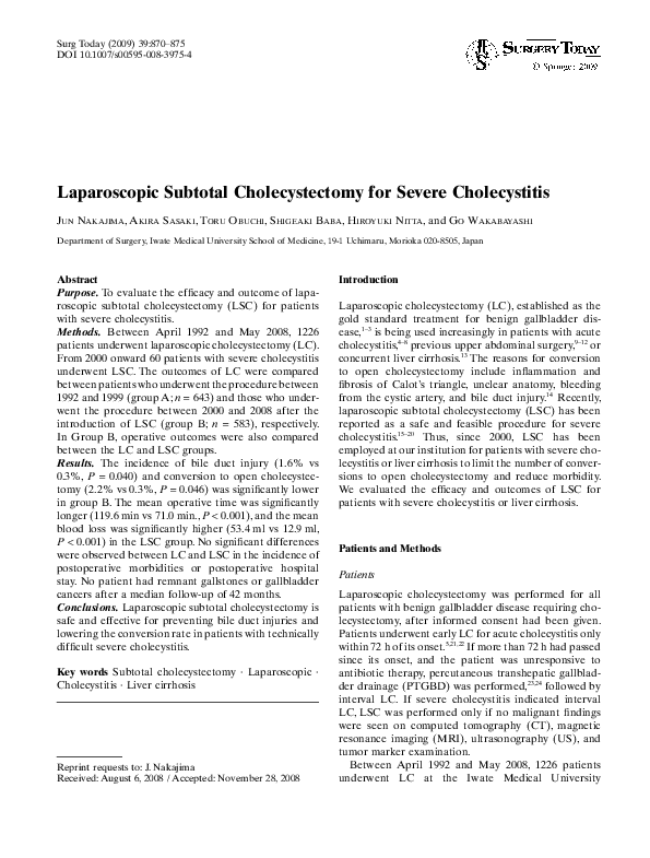 (PDF) Laparoscopic subtotal cholecystectomy for severe cholecystitis