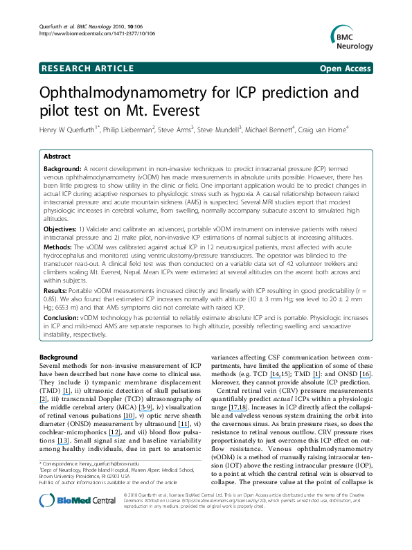 (PDF) Ophthalmodynamometry for ICP prediction and pilot test on Mt. Everest