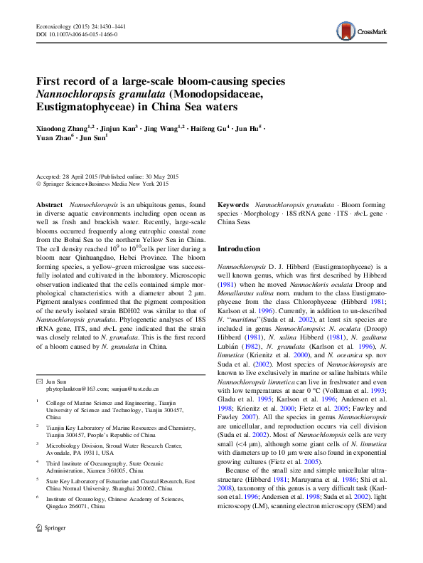 (PDF) First record of a large-scale bloom-causing species Nannochloropsis granulata ...