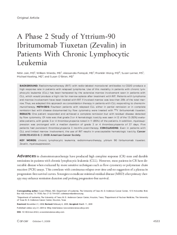 (PDF) A phase 2 study of yttrium-90 ibritumomab tiuxetan (Zevalin) in ...
