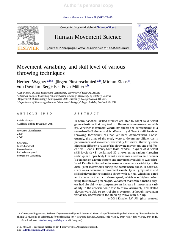 (PDF) Movement variability and skill level of various throwing techniques