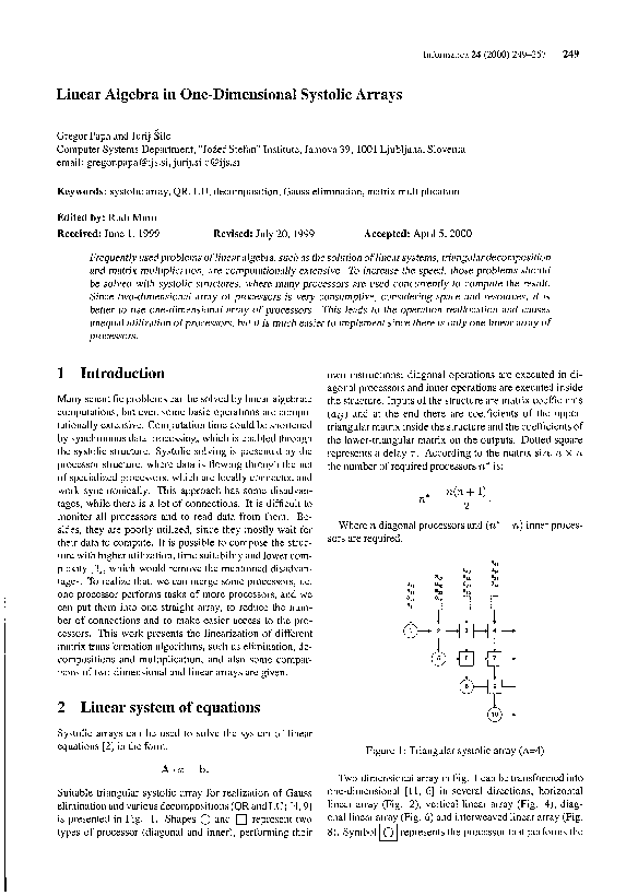 (PDF) Linear Algebra in One-Dimensional Systolic Arrays