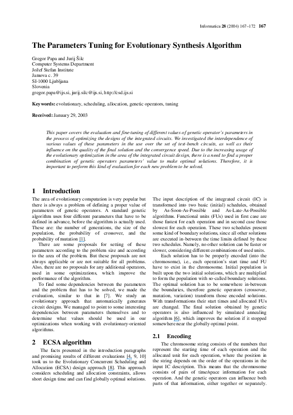Pdf The Parameters Tuning For Evolutionary Synthesis Algorithm
