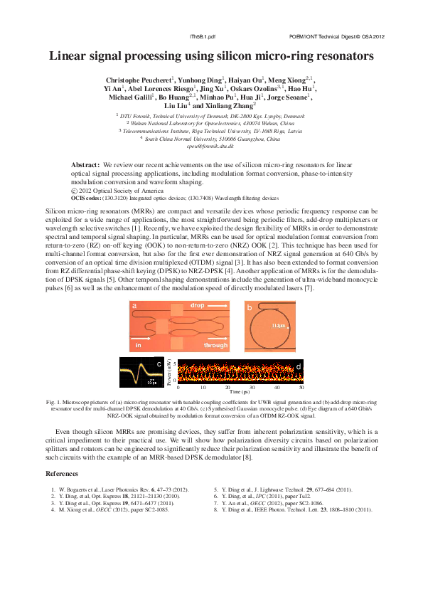 Pdf Linear Signal Processing Using Silicon Micro Ring Resonators