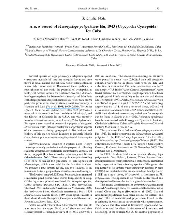 (PDF) A new record of Mesocyclops pehpeiensis Hu, 1943 (Copepoda ...