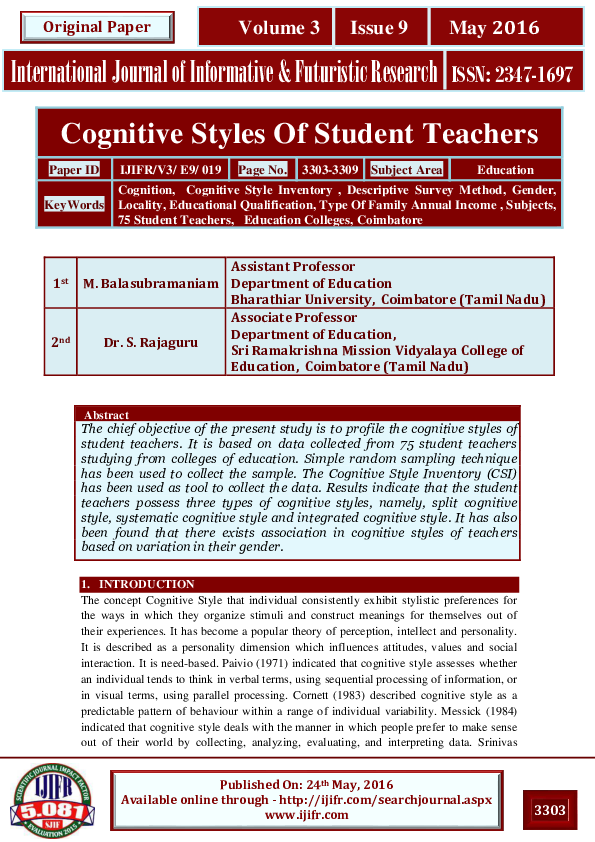 (PDF) Cognitive Styles Of Student Teachers