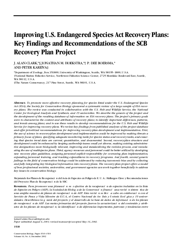 (PDF) Improving US Endangered Species Act recovery plans: key findings ...