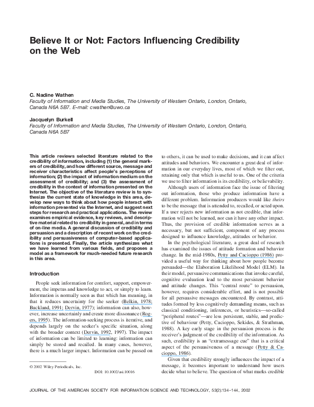 (PDF) Believe it or not: Factors influencing credibility on the Web
