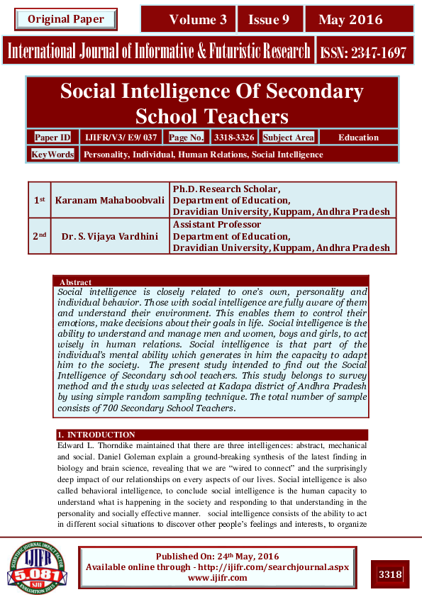 (PDF) Social Intelligence Of Secondary School Teachers
