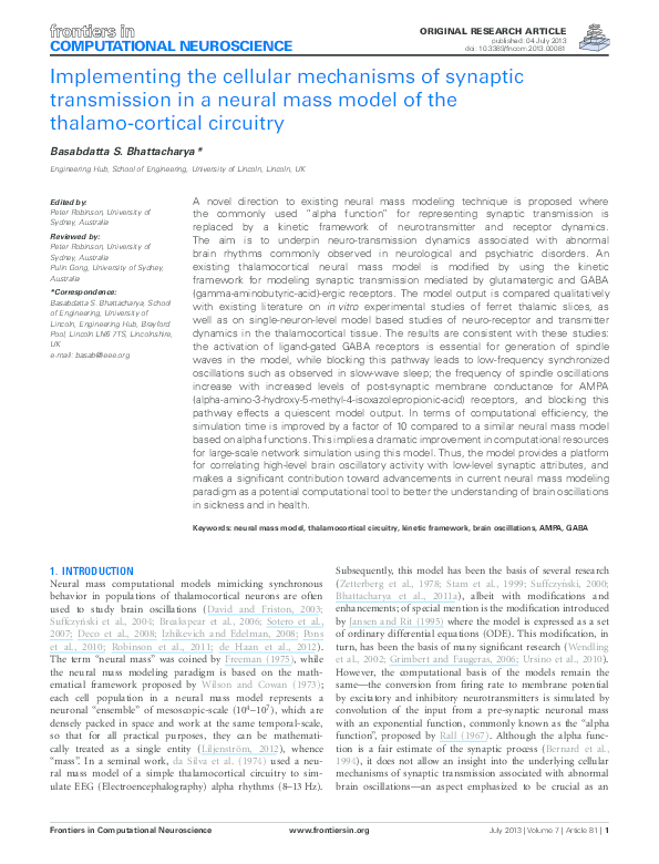 (PDF) Implementing the cellular mechanisms of synaptic transmission in a neural mass model of ...
