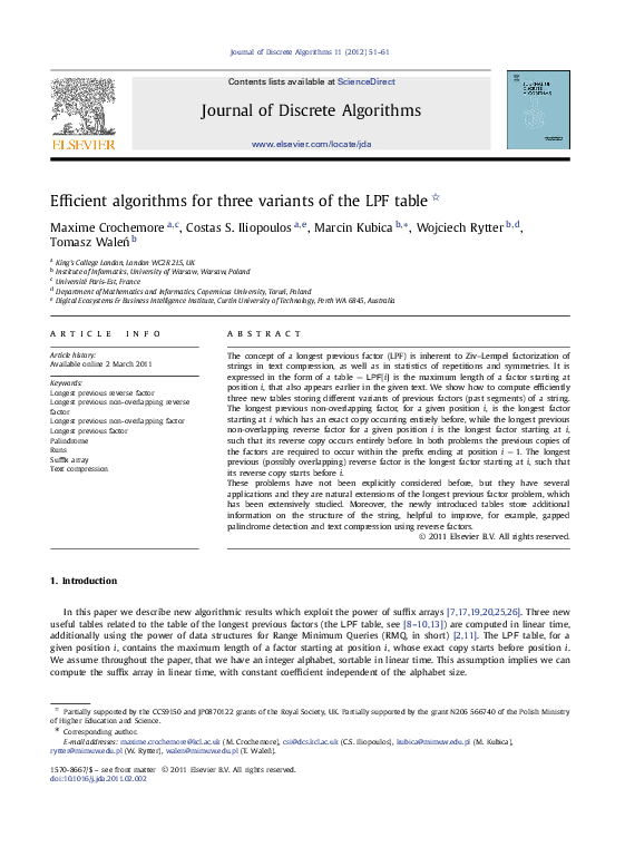 (PDF) Efficient algorithms for three variants of the LPF table (PDF) Efficient algorithms for three variants of the LPF table