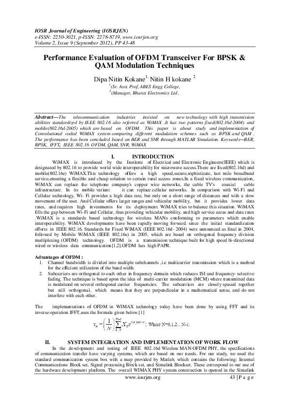 Pdf Performance Evaluation Of Ofdm Transceiver For Bpsk And Qam