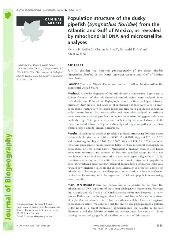 (PDF) Population structure of the dusky pipefish (Syngnathus floridae ...