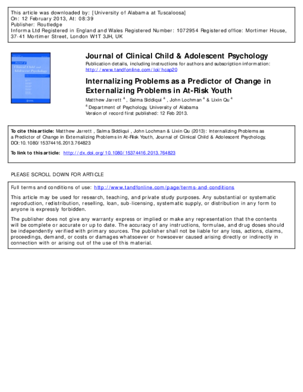(PDF) Internalizing Problems as a Predictor of Change in Externalizing Problems in At-Risk Youth