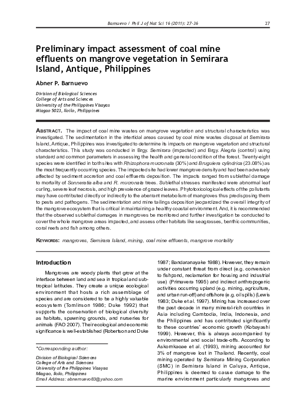 (PDF) Preliminary impact assessment of coal mine effluents on mangrove ...