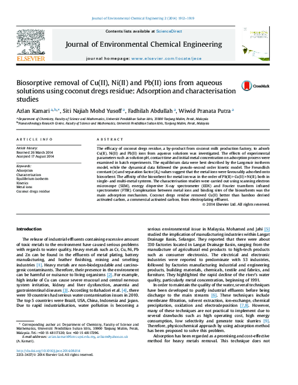 (PDF) Biosorptive removal of Cu(II), Ni(II) and Pb(II) ions from aqueous solutions using coconut ...