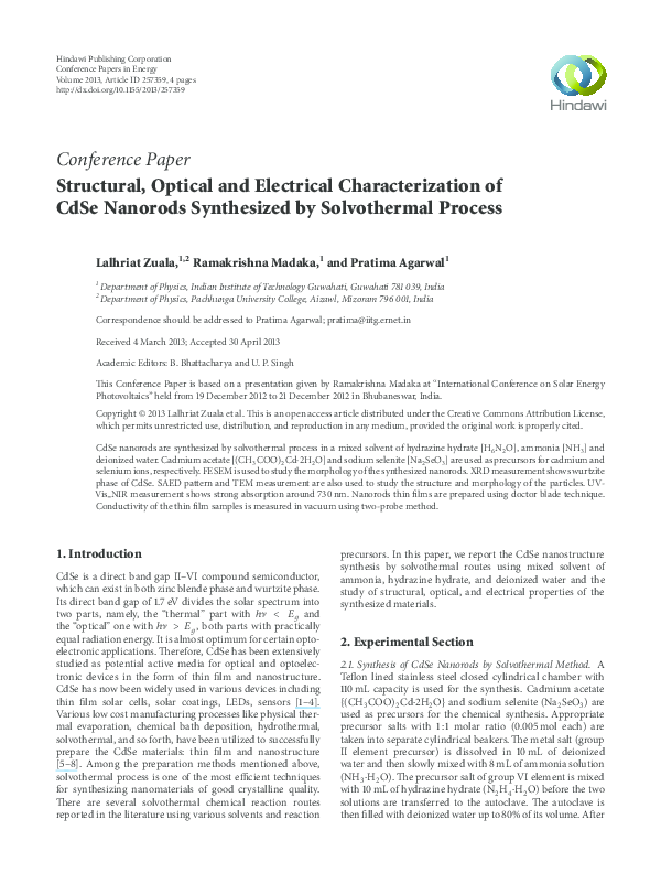 (PDF) Structural, Optical and Electrical Characterization of CdSe Nanorods Synthesized by ...