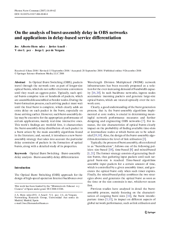 Pdf On The Analysis Of Burst Assembly Delay In Obs Networks And Applications In Delay Based