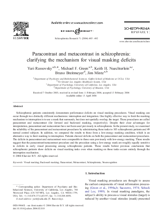 (PDF) Paracontrast and metacontrast in schizophrenia: clarifying the mechanism for visual ...