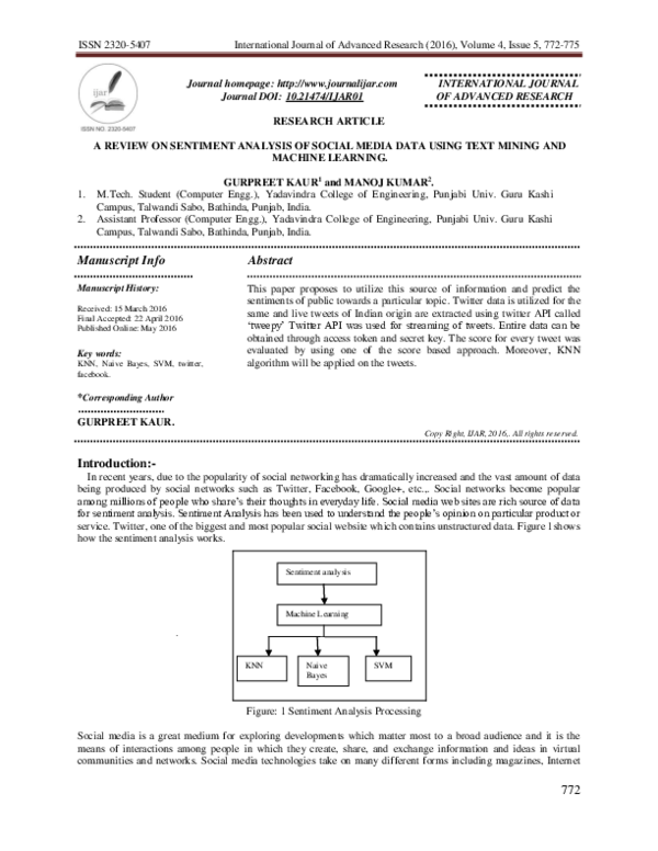 Pdf A Review On Sentiment Analysis Of Social Media Data Using Text Mining And Machine Learning