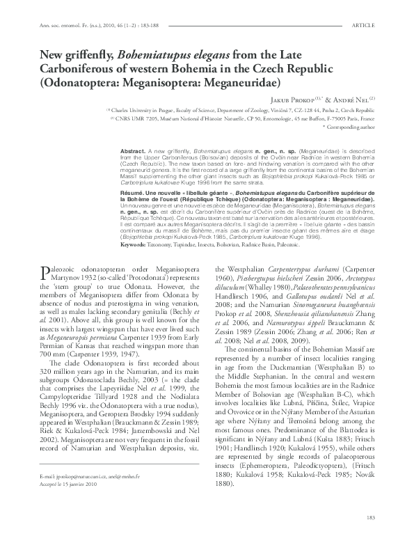 (PDF) New griffenfly, Bohemiatupus elegans from the late Carboniferous ...