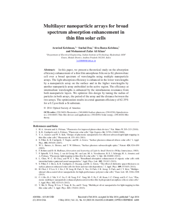 (PDF) Multilayer nanoparticle arrays for broad spectrum absorption ...