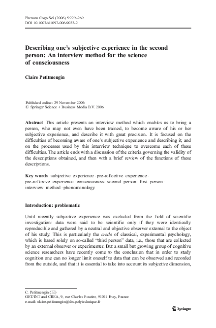 (PDF) Describing one's subjective experience in the second person: An ...