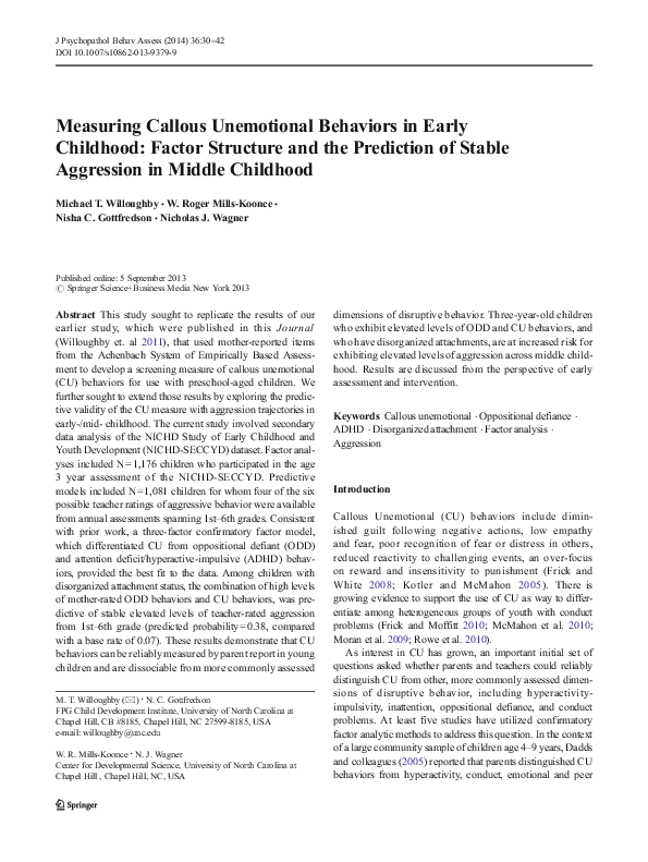 (PDF) Measuring Callous Unemotional Behaviors in Early Childhood ...