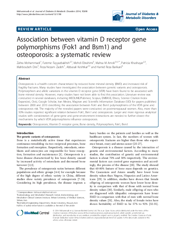(PDF) Association between vitamin D receptor gene polymorphisms (Fok1 and Bsm1) and osteoporosis ...
