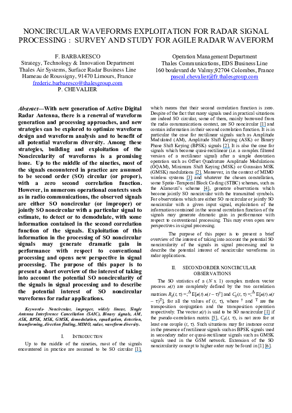 Pdf Noncircular Waveforms Exploitation For Radar Signal Processing