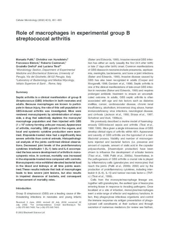 (PDF) Role of macrophages in experimental group B streptococcal arthritis