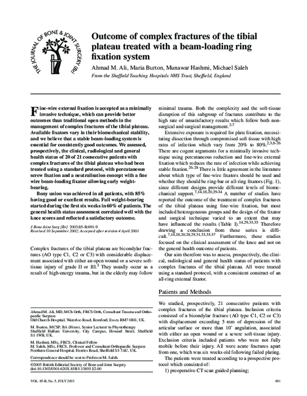 (PDF) Outcome of complex fractures of the tibial plateau treated with a beam-loading ring ...