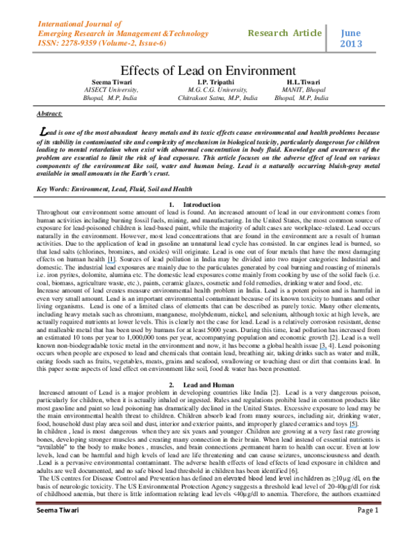(PDF) Effects of Lead on Environment