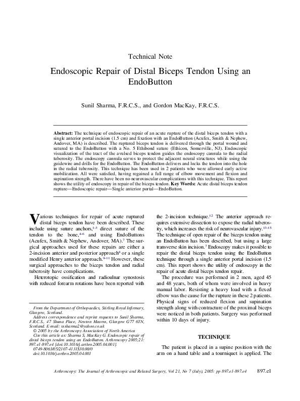 (PDF) Endoscopic Repair of Distal Biceps Tendon Using An EndoButton