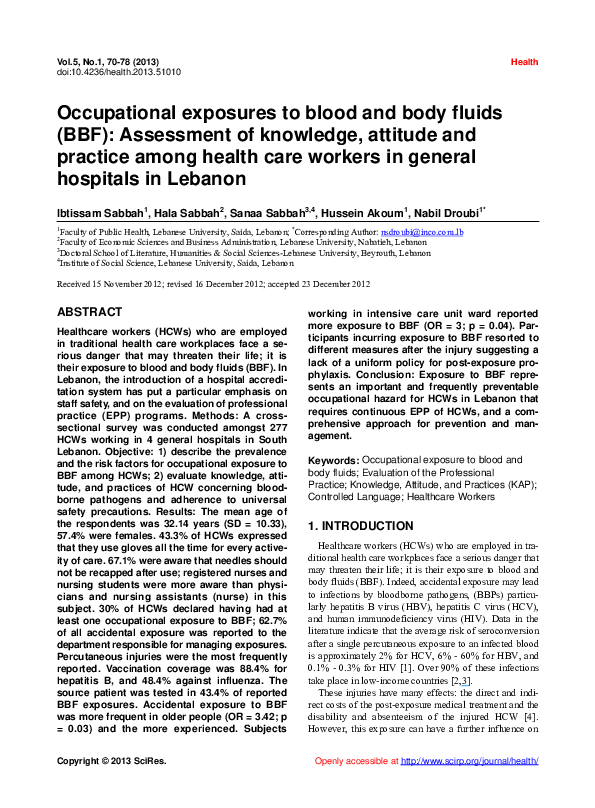 (PDF) Occupational exposures to blood and body fluids (BBF): Assessment ...