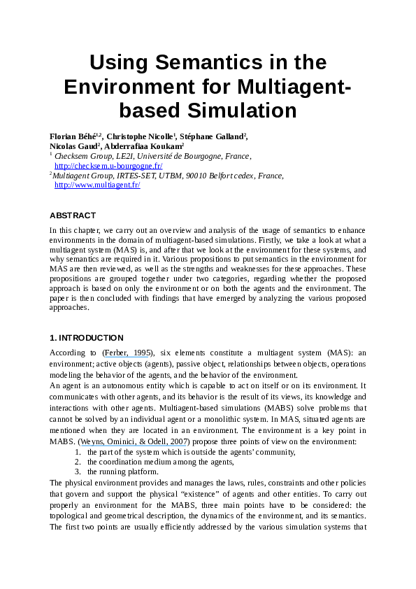 Pdf Using Semantics In The Environment For Multiagent Based Simulation