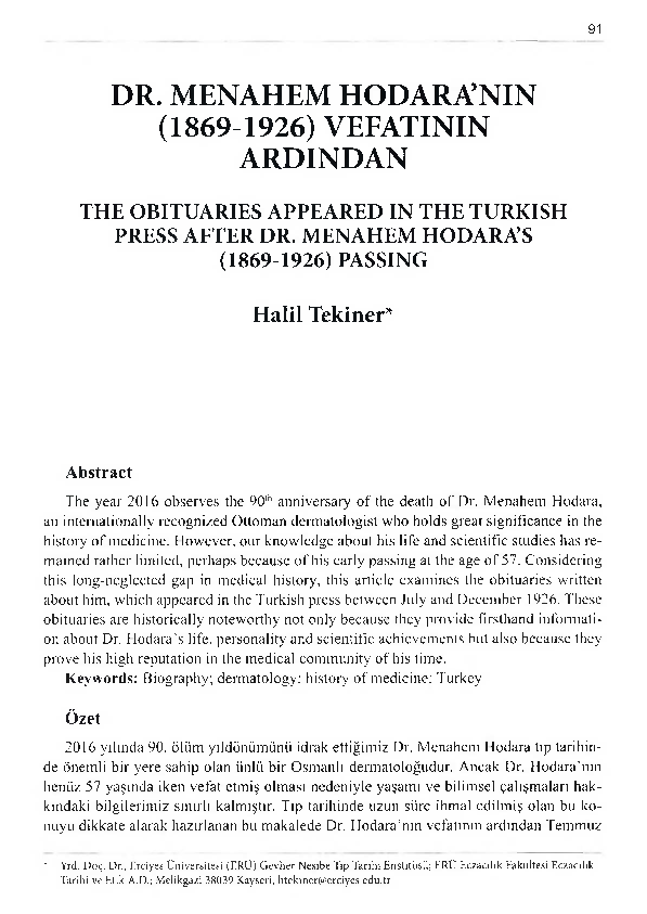 (PDF) Tekiner, Halil. "Dr. Menahem Hodara'nın (1869-1926) vefatının ...