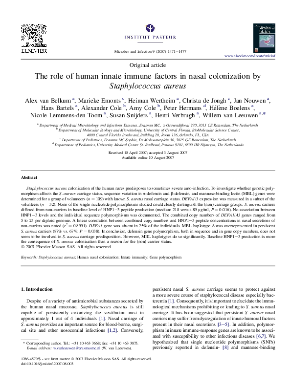 Pdf The Role Of Human Innate Immune Factors In Nasal Colonization By Staphylococcus Aureus