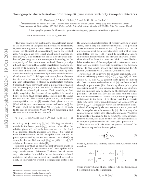 Pdf Tomographic Characterization Of Three Qubit Pure States With Only Two Qubit Detectors