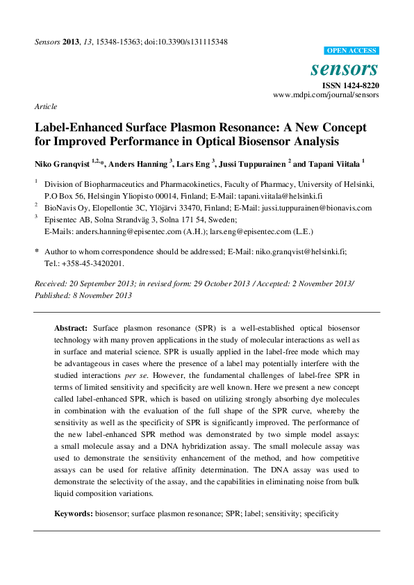 Pdf Label Enhanced Surface Plasmon Resonance A New Concept For Improved Performance In