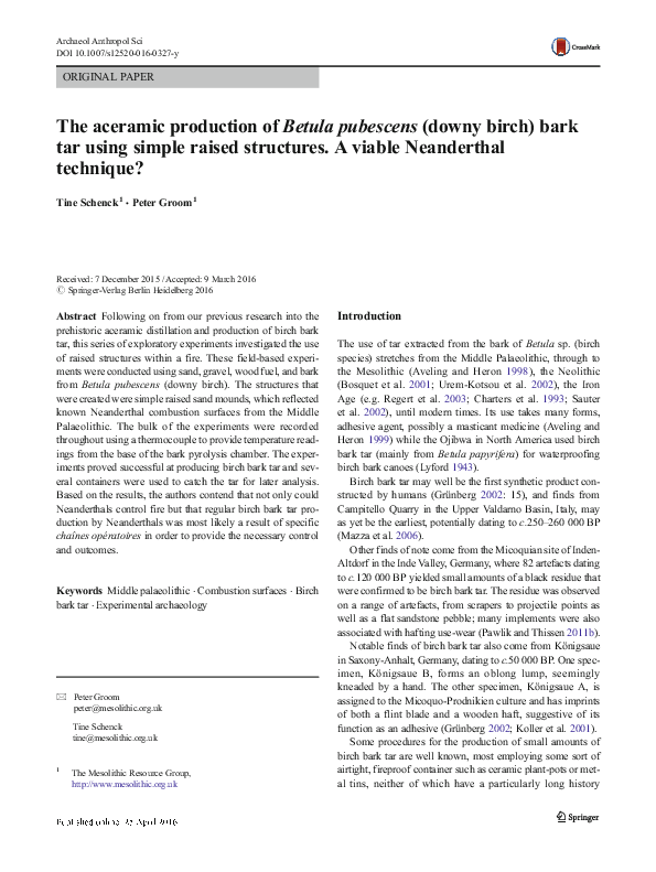 The aceramic production of Betula pubescens (downy birch) bark tar ...
