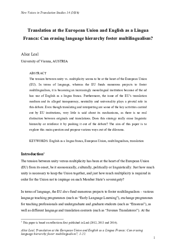 (PDF) Translation at the European Union and English as a Lingua Franca ...